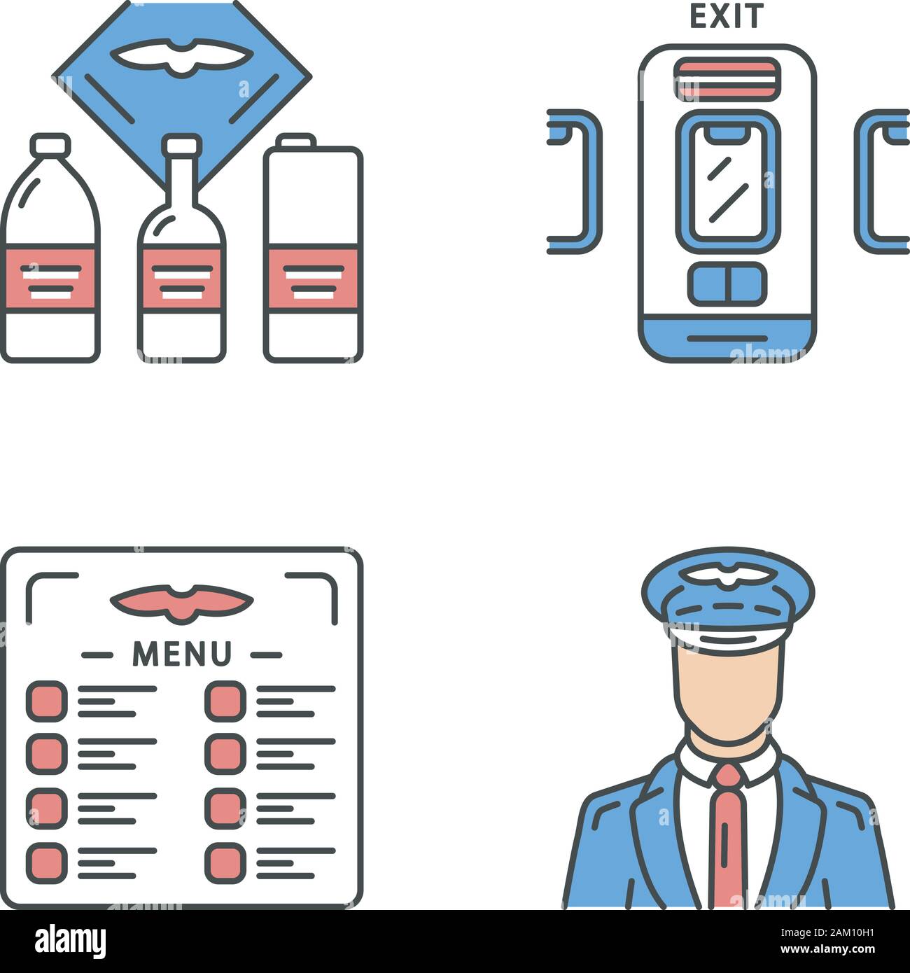 Aviation services color icons set. Flight menu and drinks, pilot, jet ...