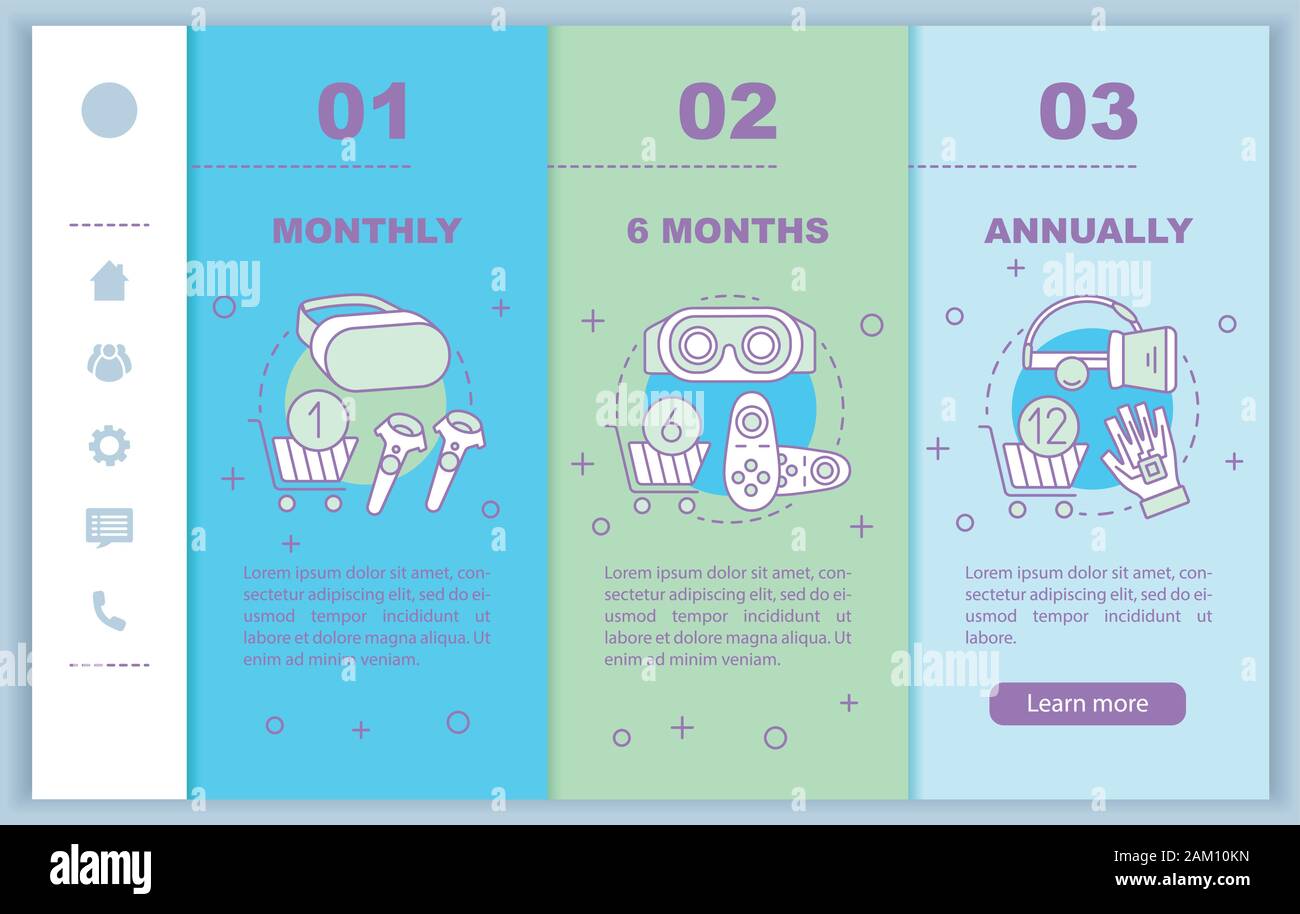 Vr Game Subscription Onboarding Mobile Web Pages Vector Template Monthly Tariff Responsive