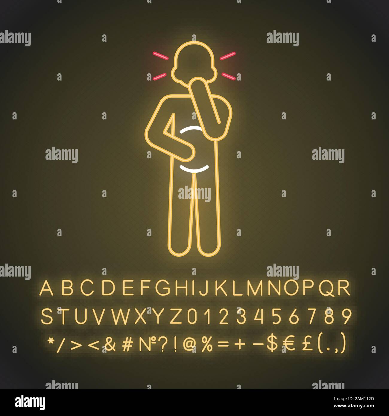 Nausea neon light icon. Allergy, food poisoning, gastritis symptom ...