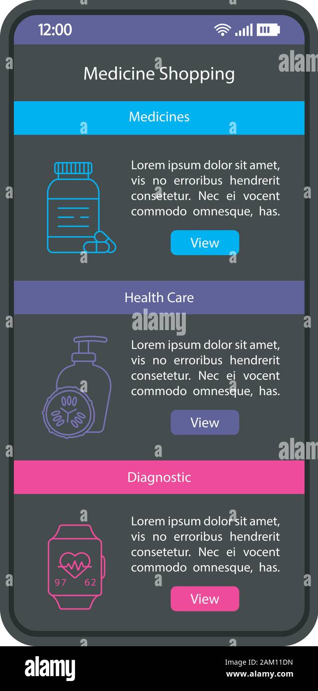 Medicine shopping smartphone interface vector template. Mobile app page ...