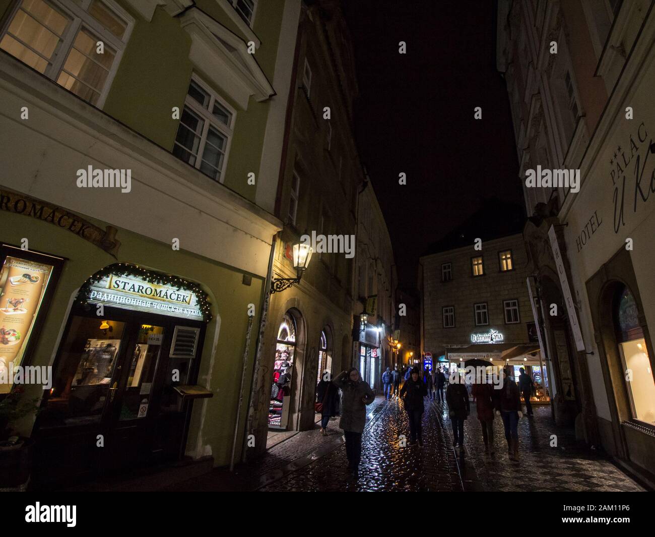 PRAGUE, CZECHIA - NOVEMBER 3, 2019: Dlouha street by night with ...