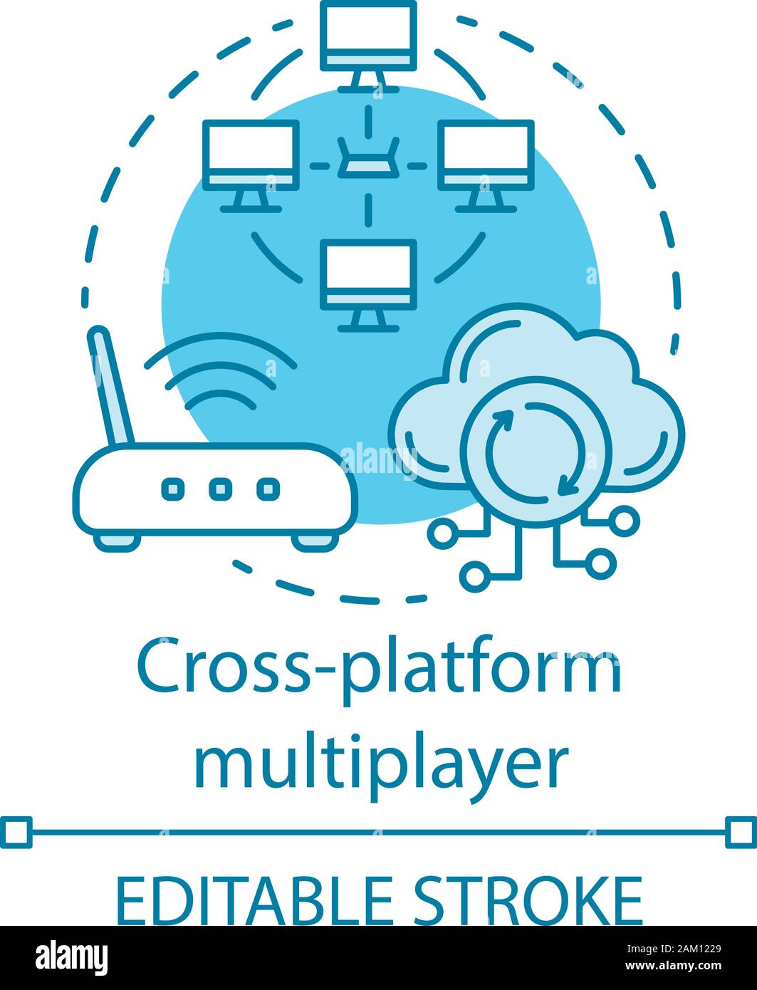 Cross platform multiplayer concept icon. Internet synchronization, cloud gaming idea thin line ...