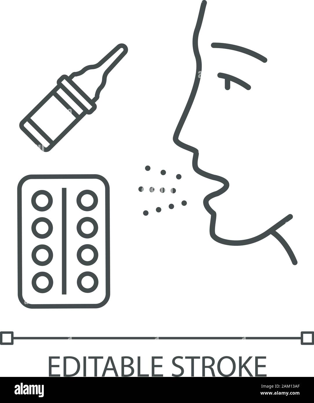 Allergy treatment linear icon. Use of antihistamine drugs. Treatment ...