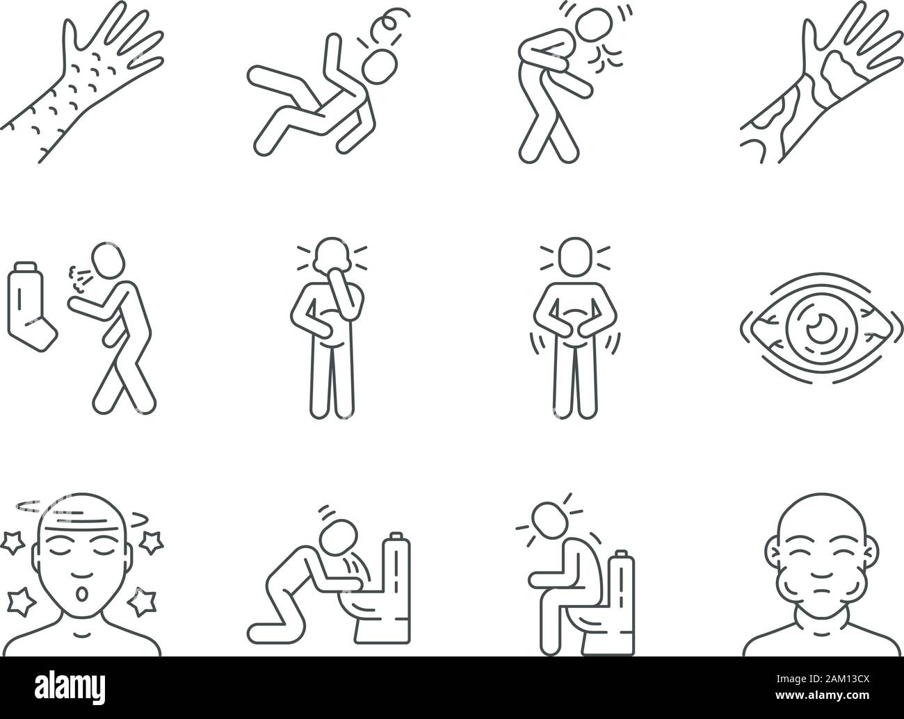 Allergy symptoms linear icons set. Food poisoning, flu, influenza ...