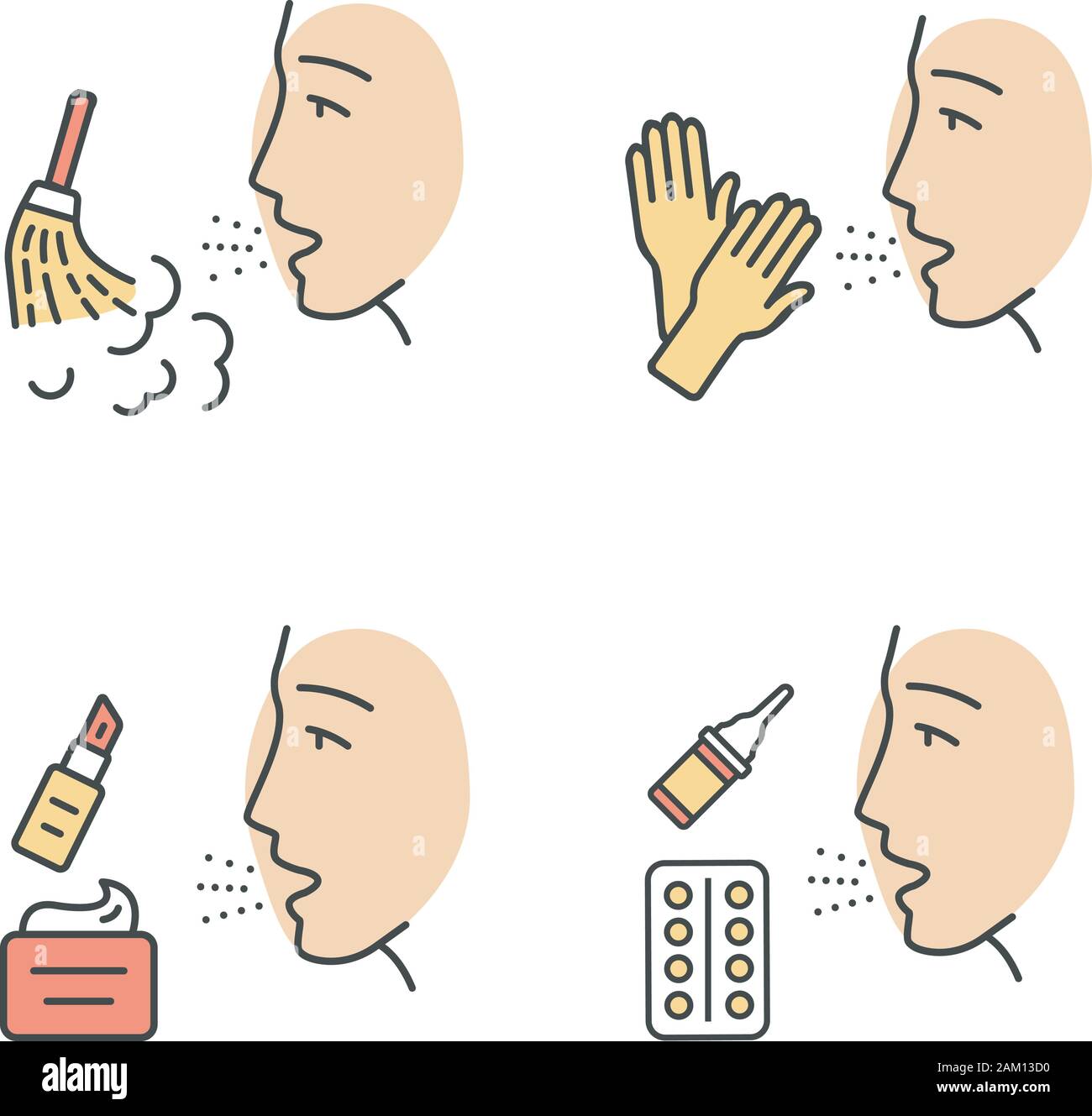 Allergies color icons set. Allergen sources and symptom treatment. Dust ...