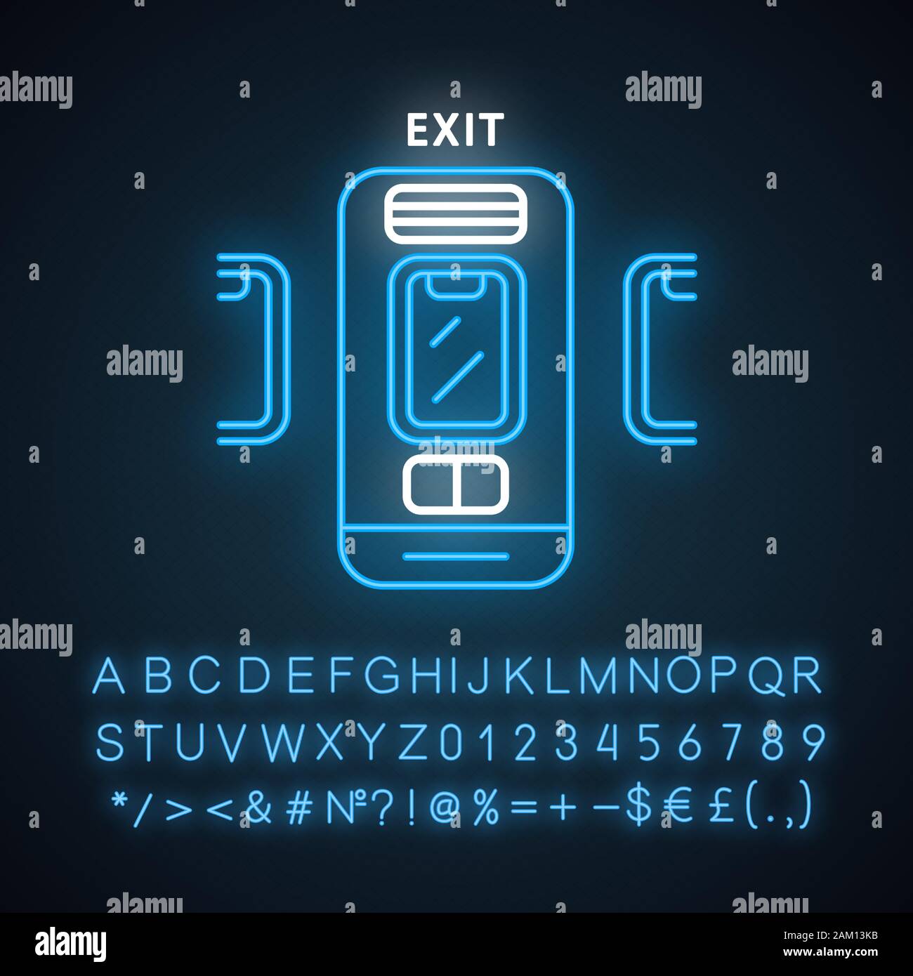 Emergency exit neon light icon. Airplane escape route. Plane safeness ...