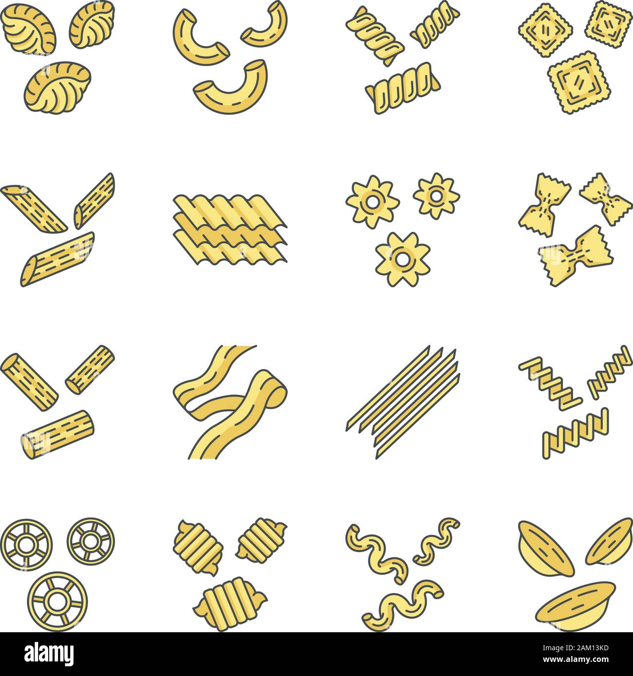 Pasta noodles color icons set. Italian traditional macaroni. Shaped and ...