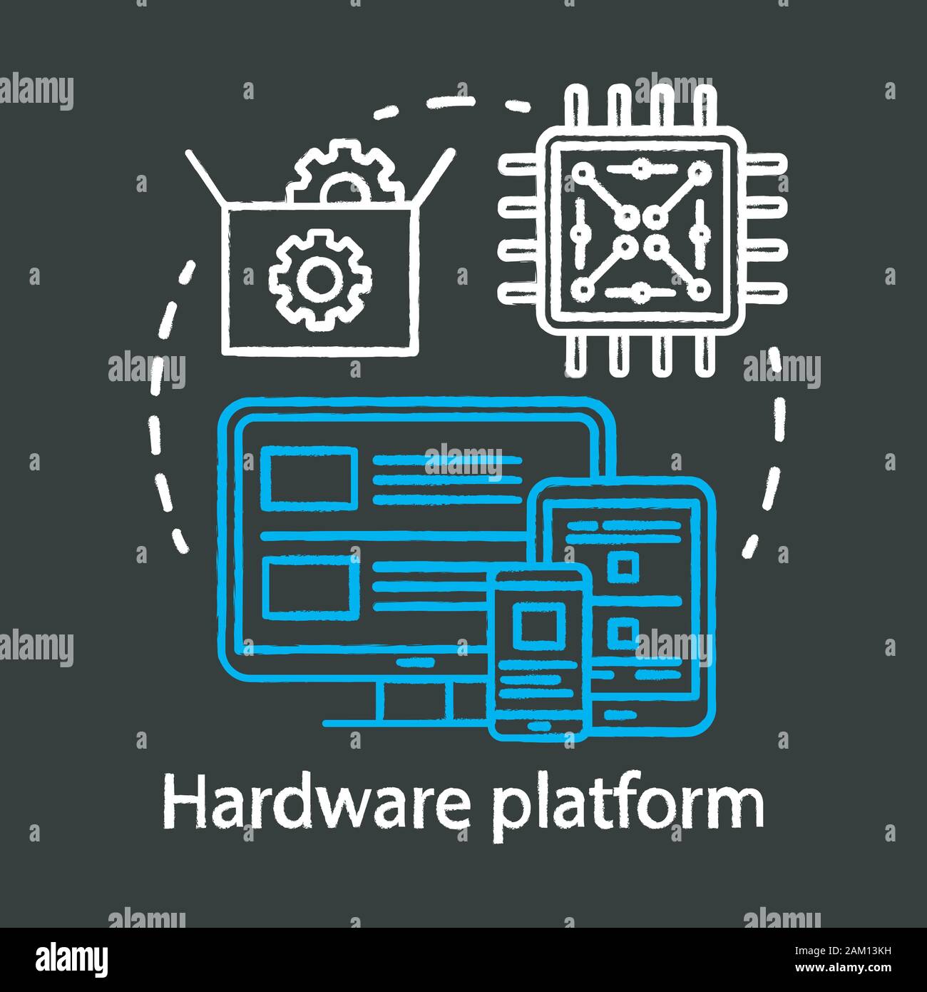 Computer components, hardware platform chalk concept icon. Electronics ...