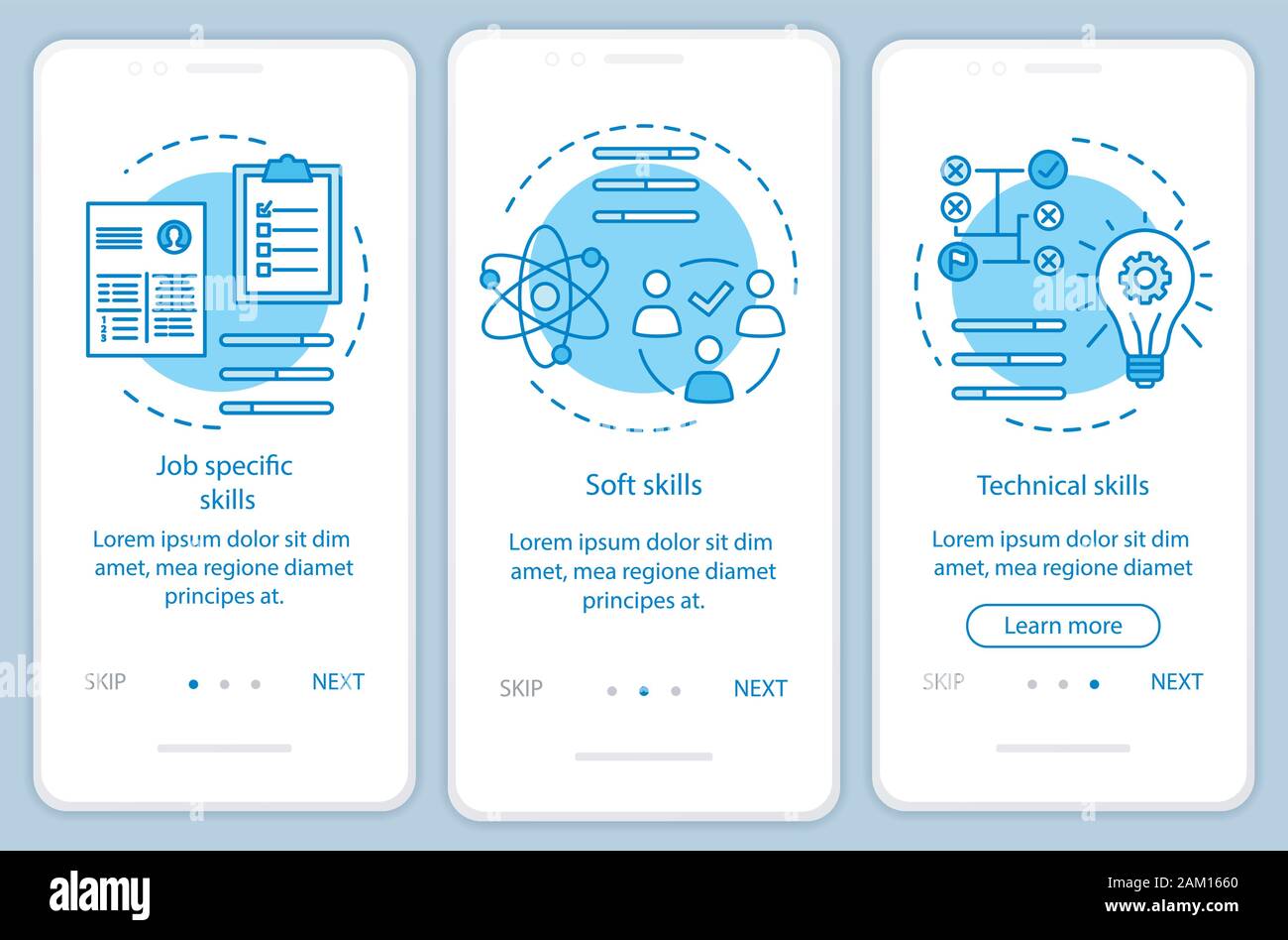 Skills blue onboarding mobile app page screen vector template. Employee abilities, hard skills ...
