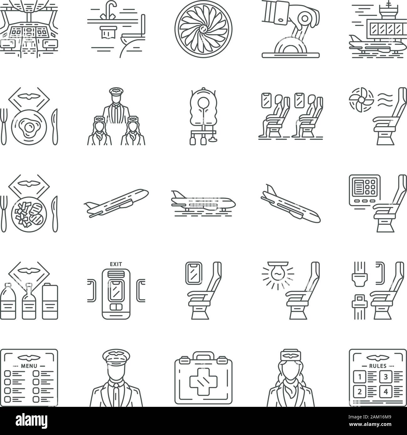 Aviation services linear icons set. Airplane comfortable seating ...