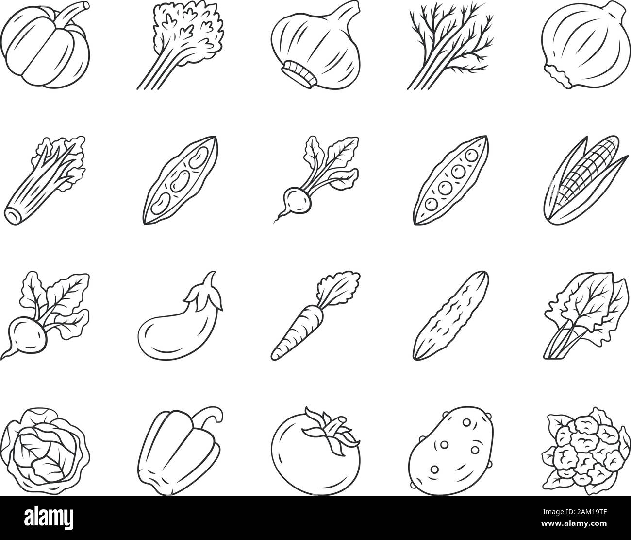 Vegetables linear icons set. Potato, carrot, pepper. Soup and salad ...