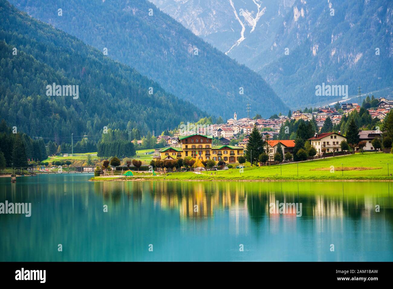 Beautiful mountain village landscape of Villapiccola and Lake Auronzo ...