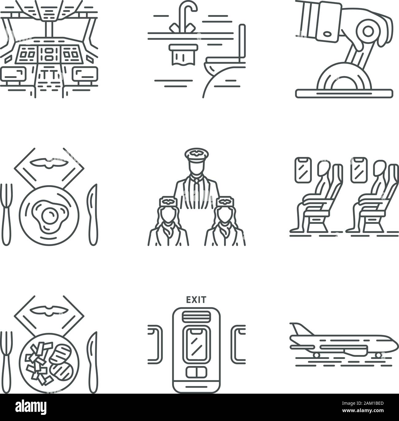 Aviation services linear icons set. Aircrew, airplane comfortable ...