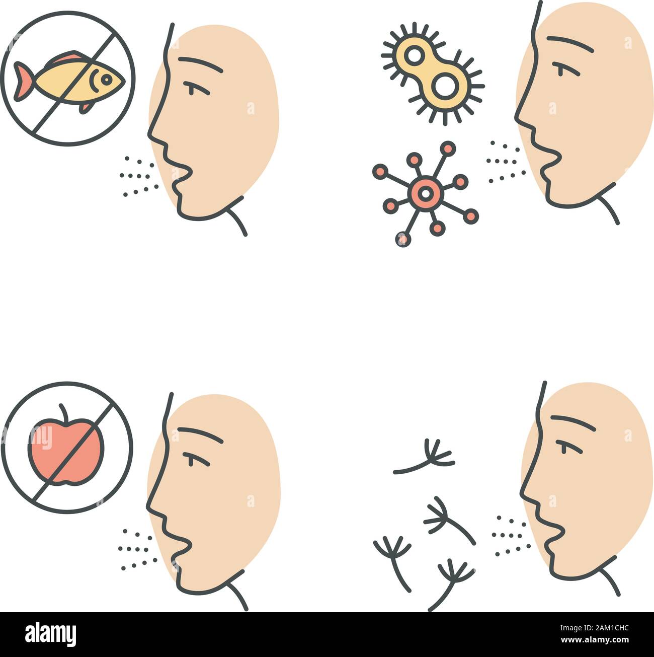 Allergies color icons set. Food, pollen, bacteria intolerance. Allergen ...