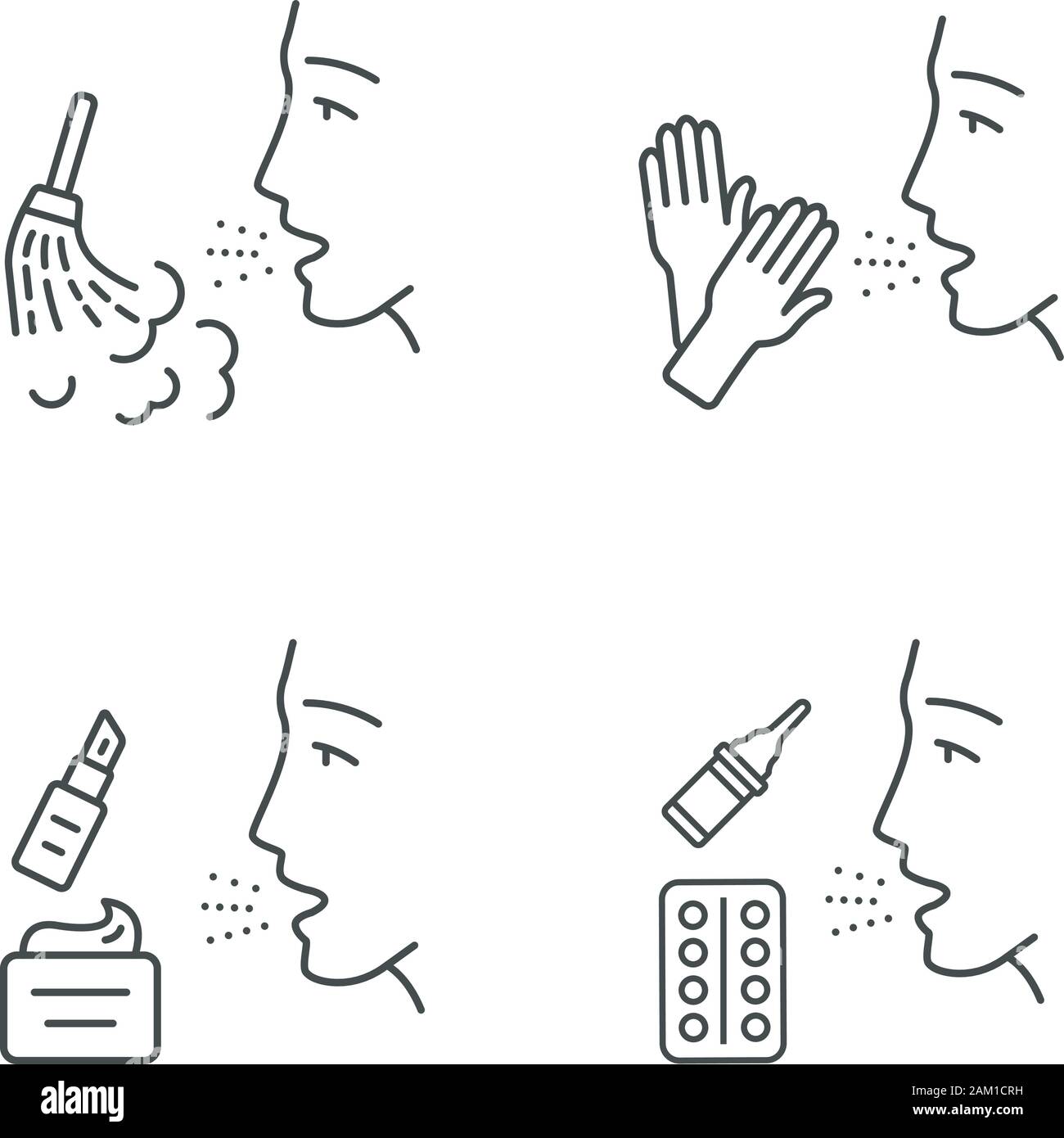 Allergies linear icons set. Allergen sources and symptom treatment ...