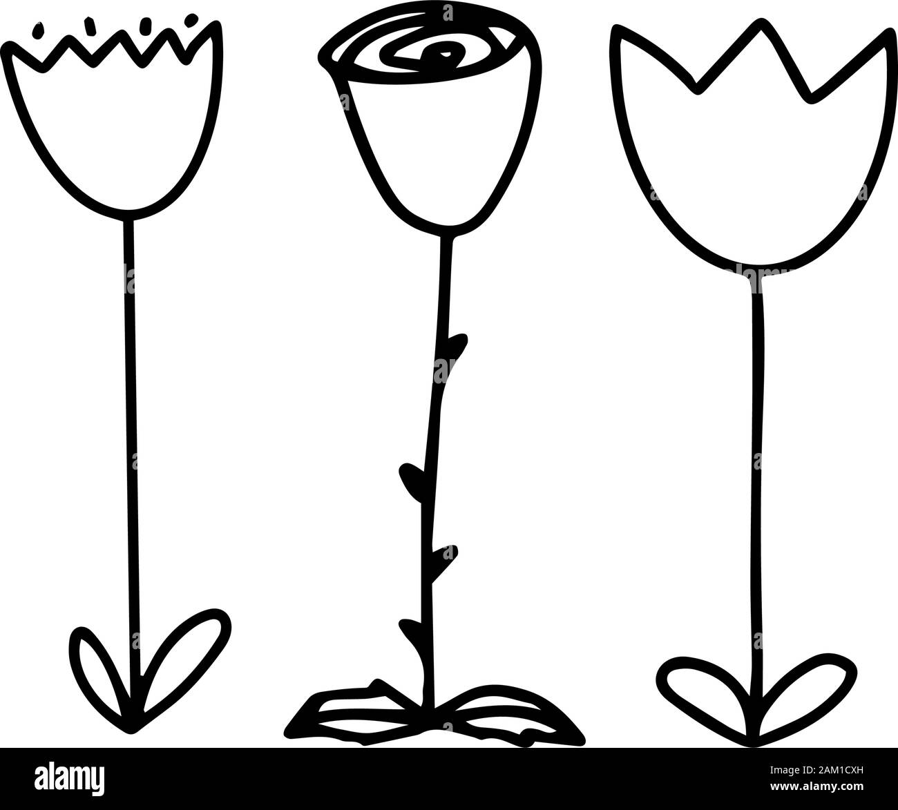 Set of three cute flowers two tulips and a rose. Vector doodle outline ...