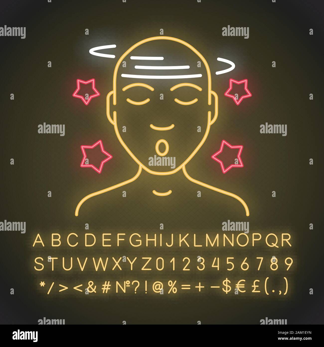 Dizziness neon light icon. Headache, concussion, migraine. Vertigo ...