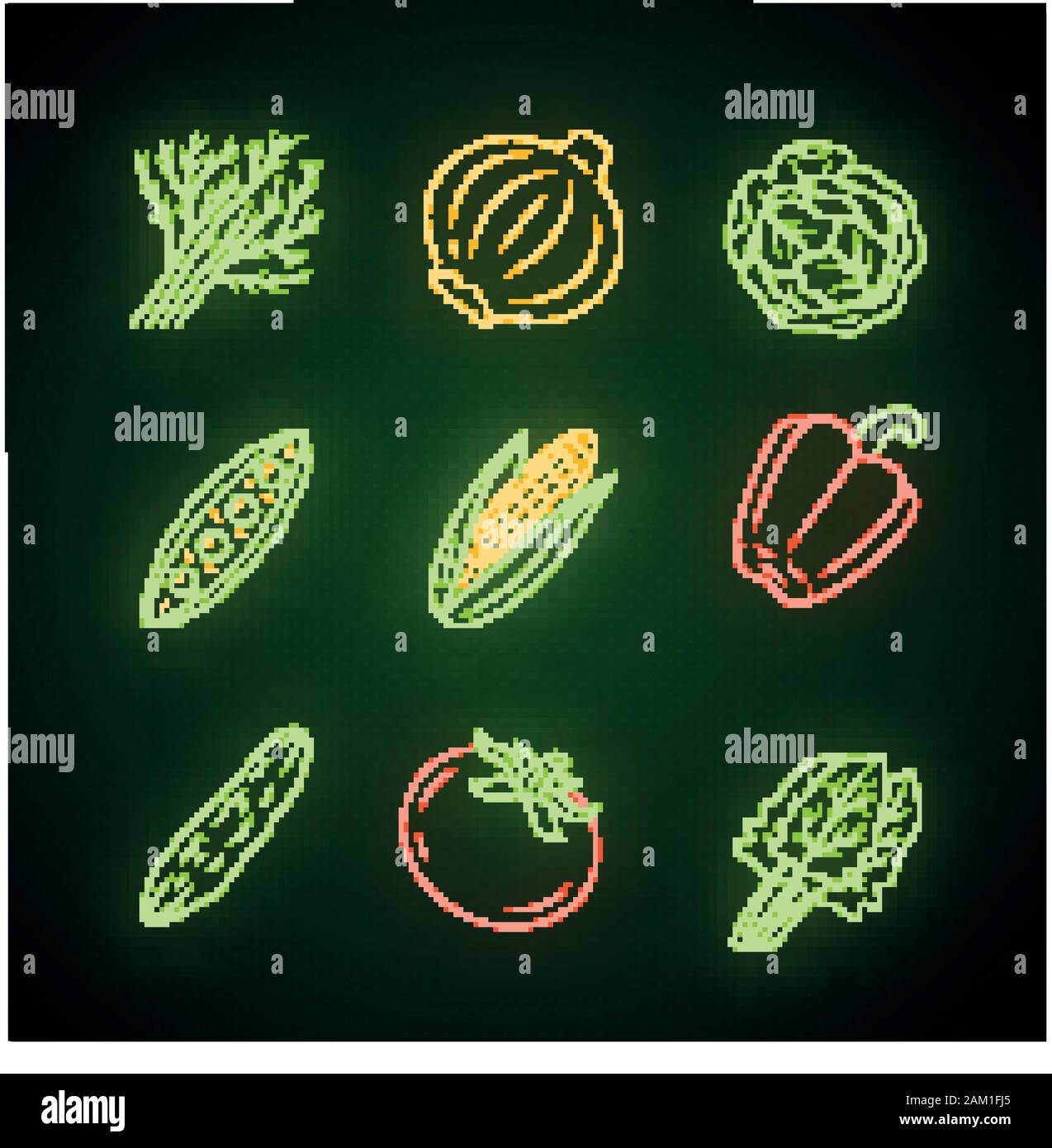 Vegetables neon light icons set. Cabbage, beet, corn, tomato, cucumber ...