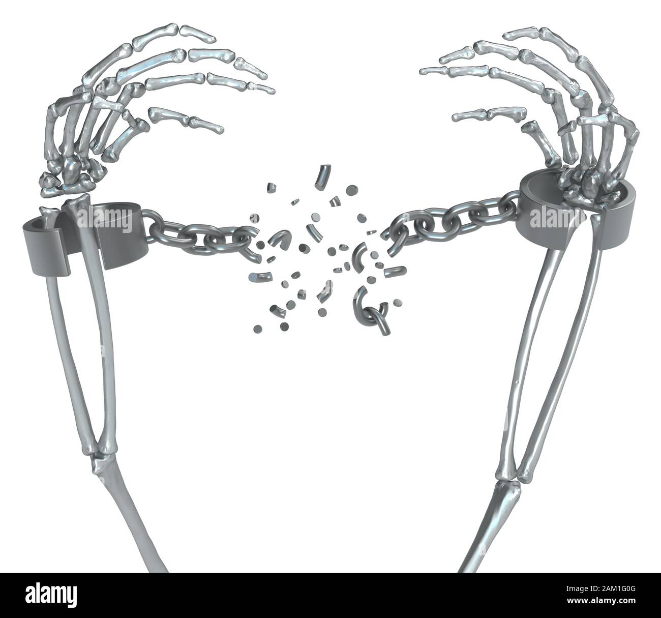 Skeleton arms metal shackles breaking, isolated, 3d illustration ...