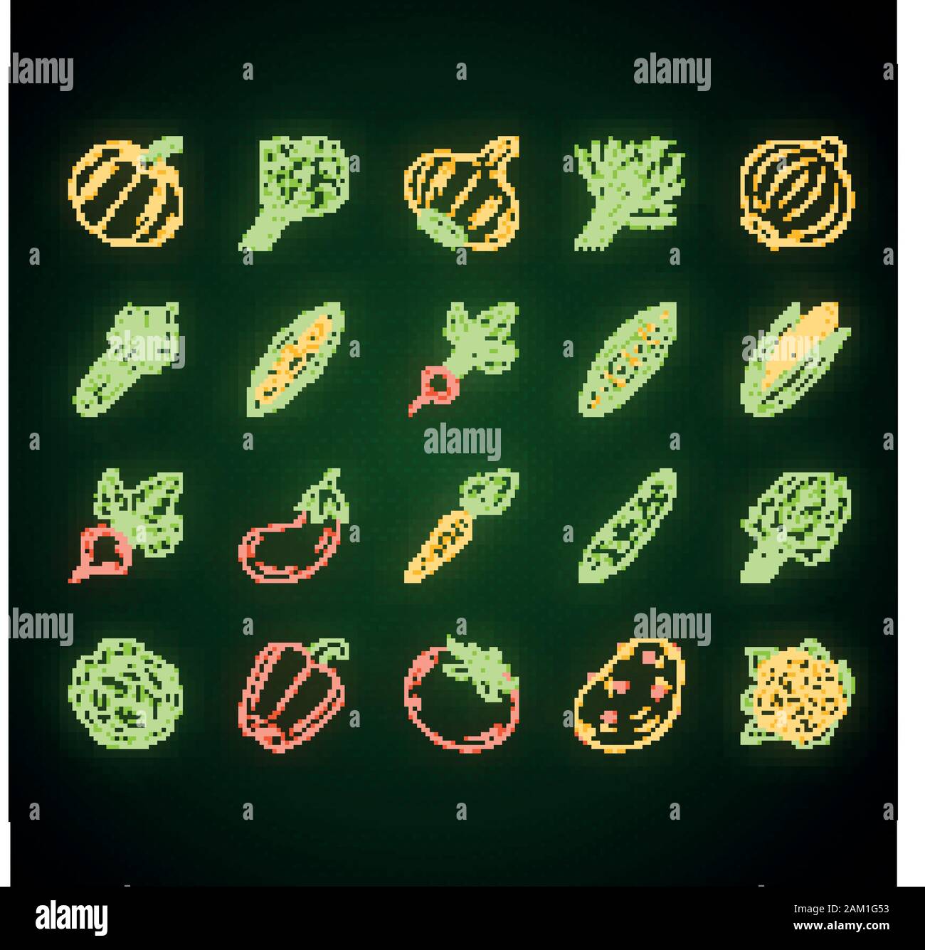 Vegetables neon light icons set. Potato, carrot, pepper. Soup and salad ...