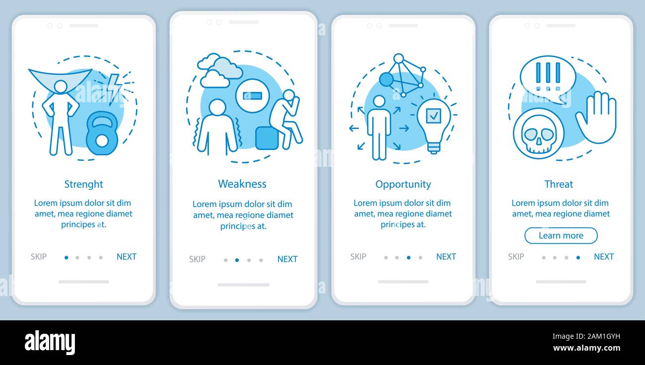 SWOT analysis blue onboarding mobile app page screen vector template. Strength, weakness ...