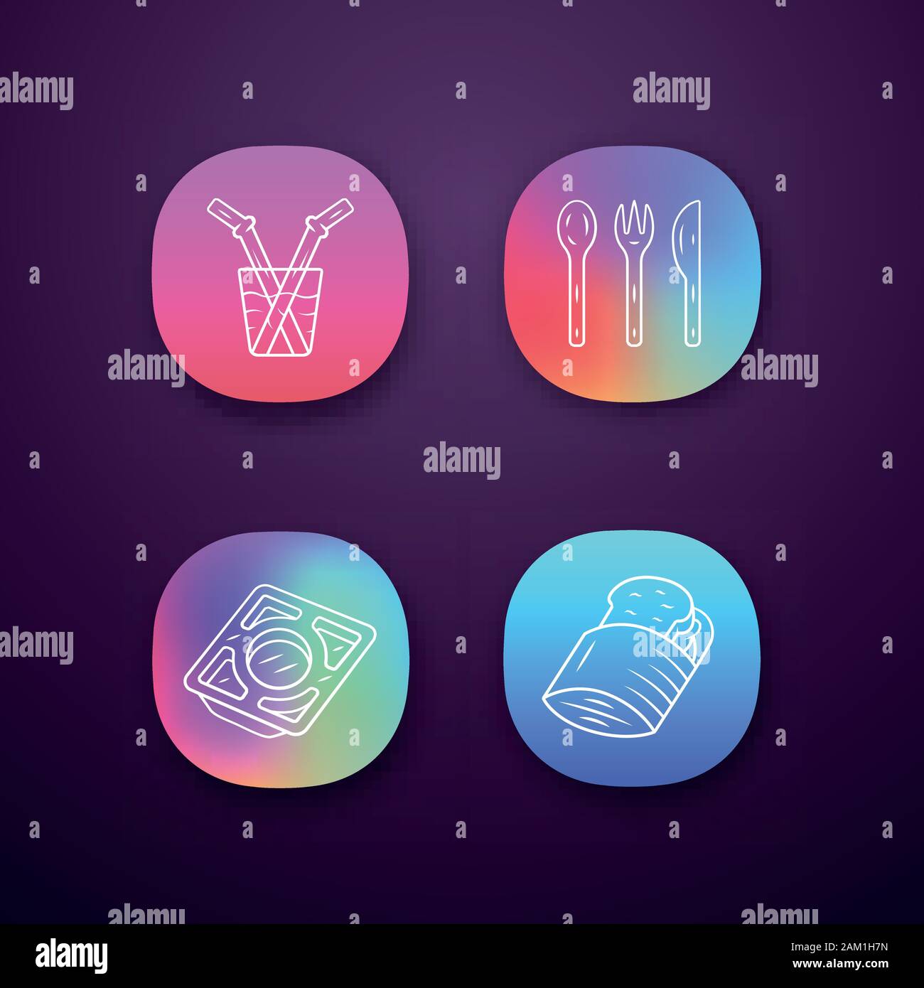 Zero waste kitchen cutlery app icons set. Reusable sandwich bag, glass ...