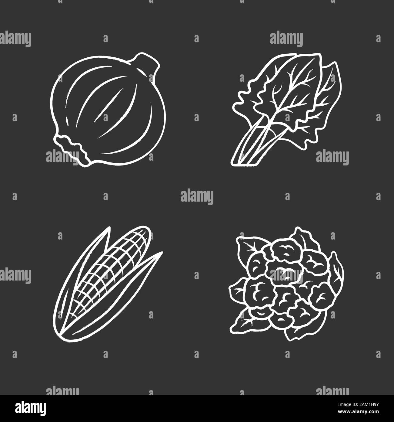 Vegetables chalk icons set. Cauliflower, onion, corn, spinach, maize ...