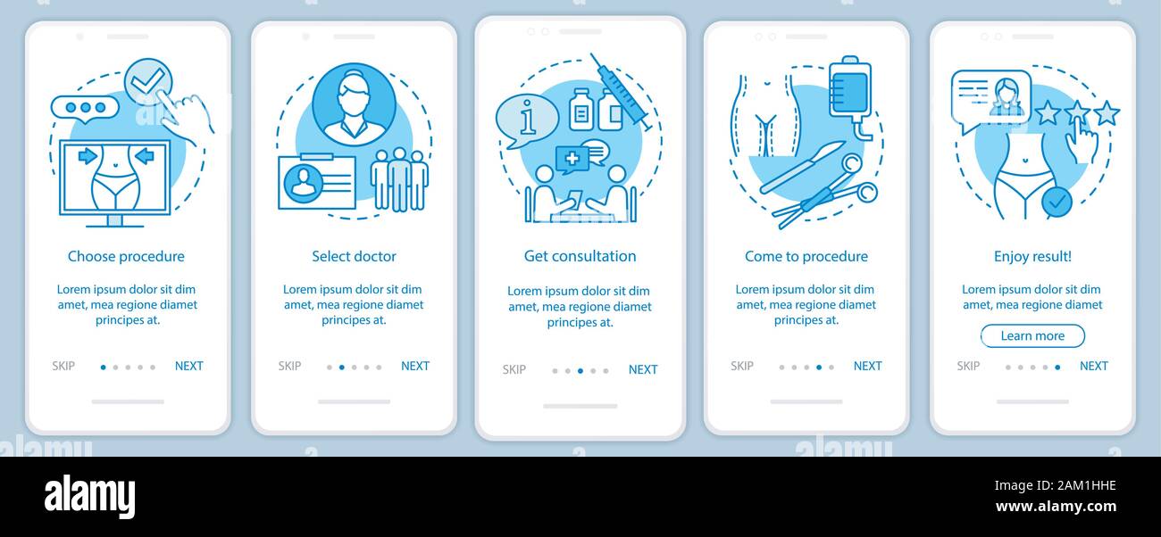Plastic surgery center treatment procedure onboarding mobile app page ...
