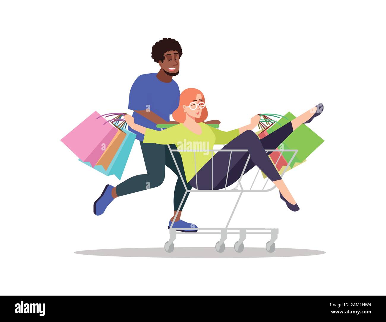 Young people doing shopping flat vector illustration. Shopaholics ...