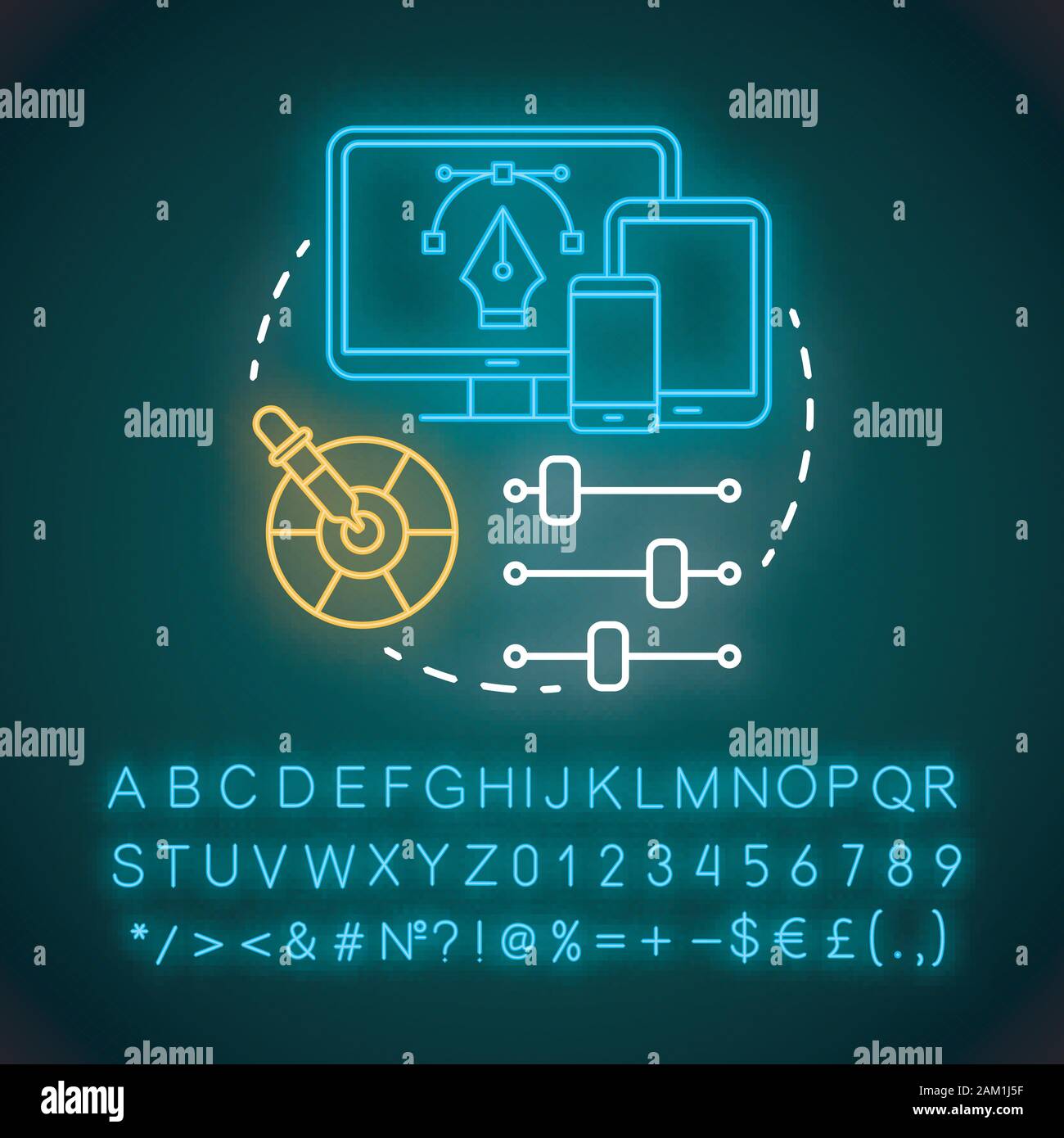 Cross platform design neon light concept icon. Responsive user interface development idea ...