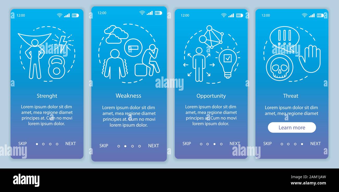 SWOT analysis blue gradient onboarding mobile app page screen vector ...
