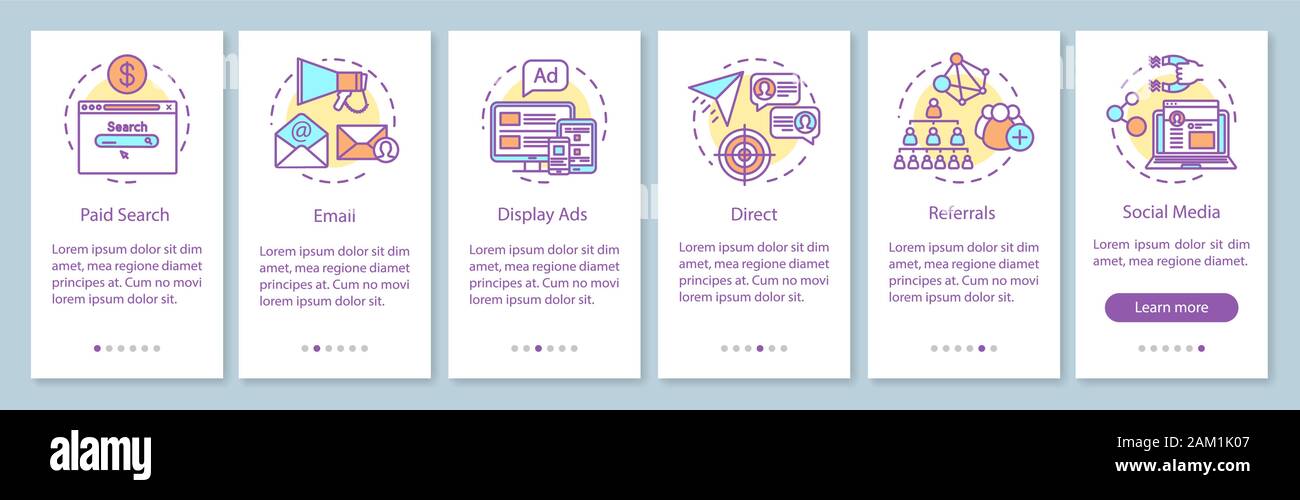 Marketing channels onboarding mobile app page screen with linear concepts. Ways of customer ...
