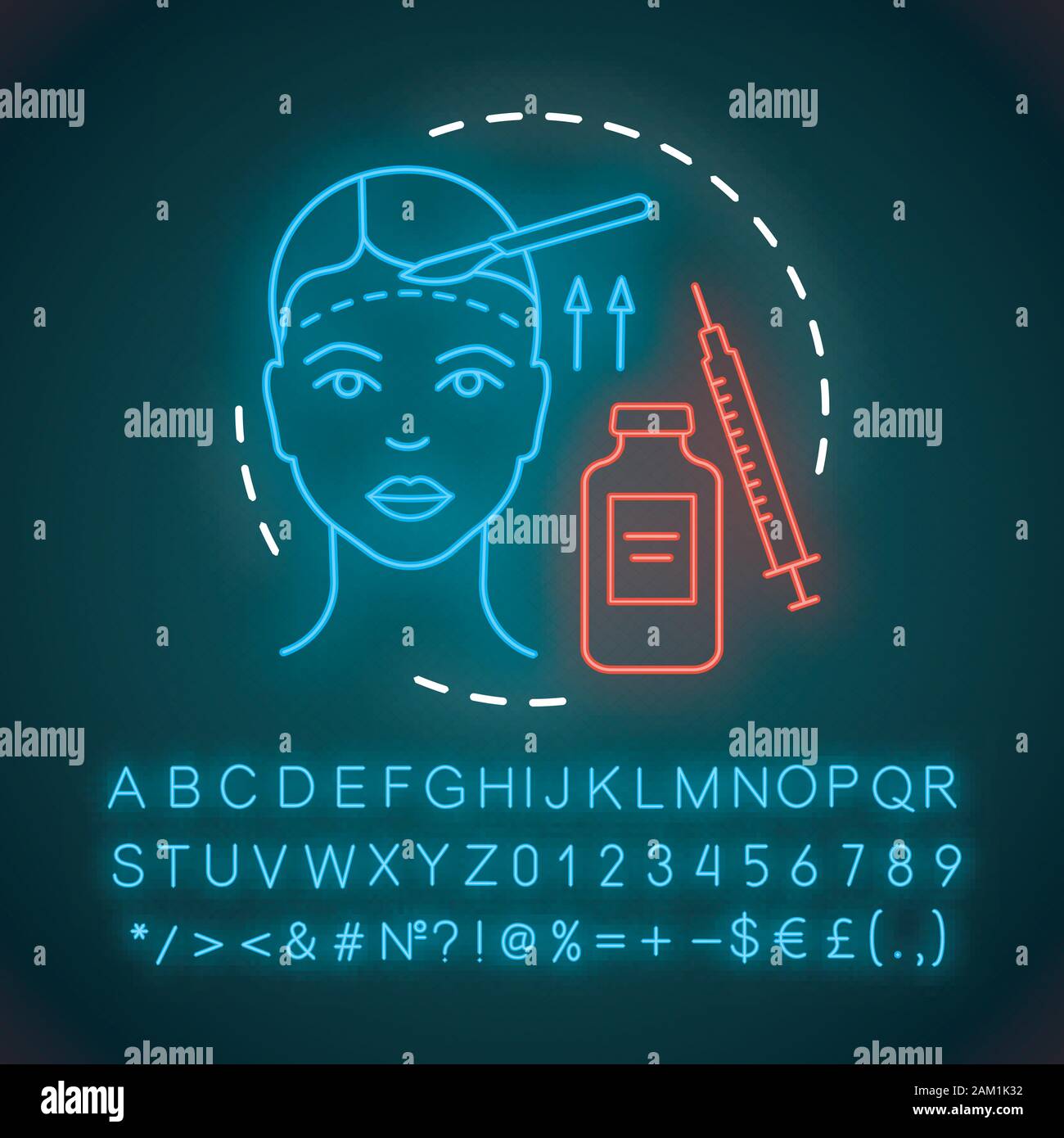 Forehead lift neon light icon. Reduce face wrinkle lines. Surgical ...