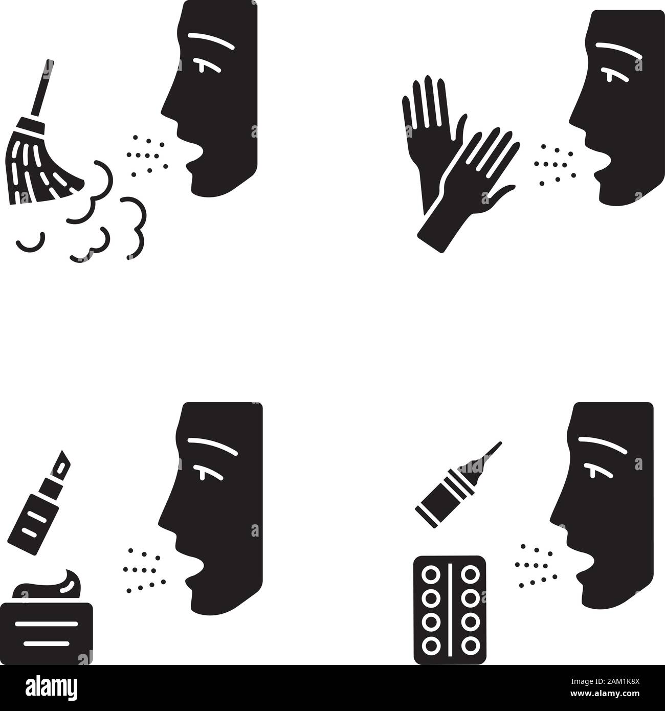 Allergies glyph icons set. Allergen sources, symptom treatment. Dust ...