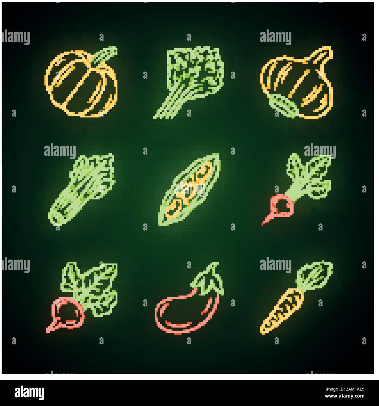 Vegetables neon light icons set. Pumpkin, beet, corn, tomato, eggplant ...