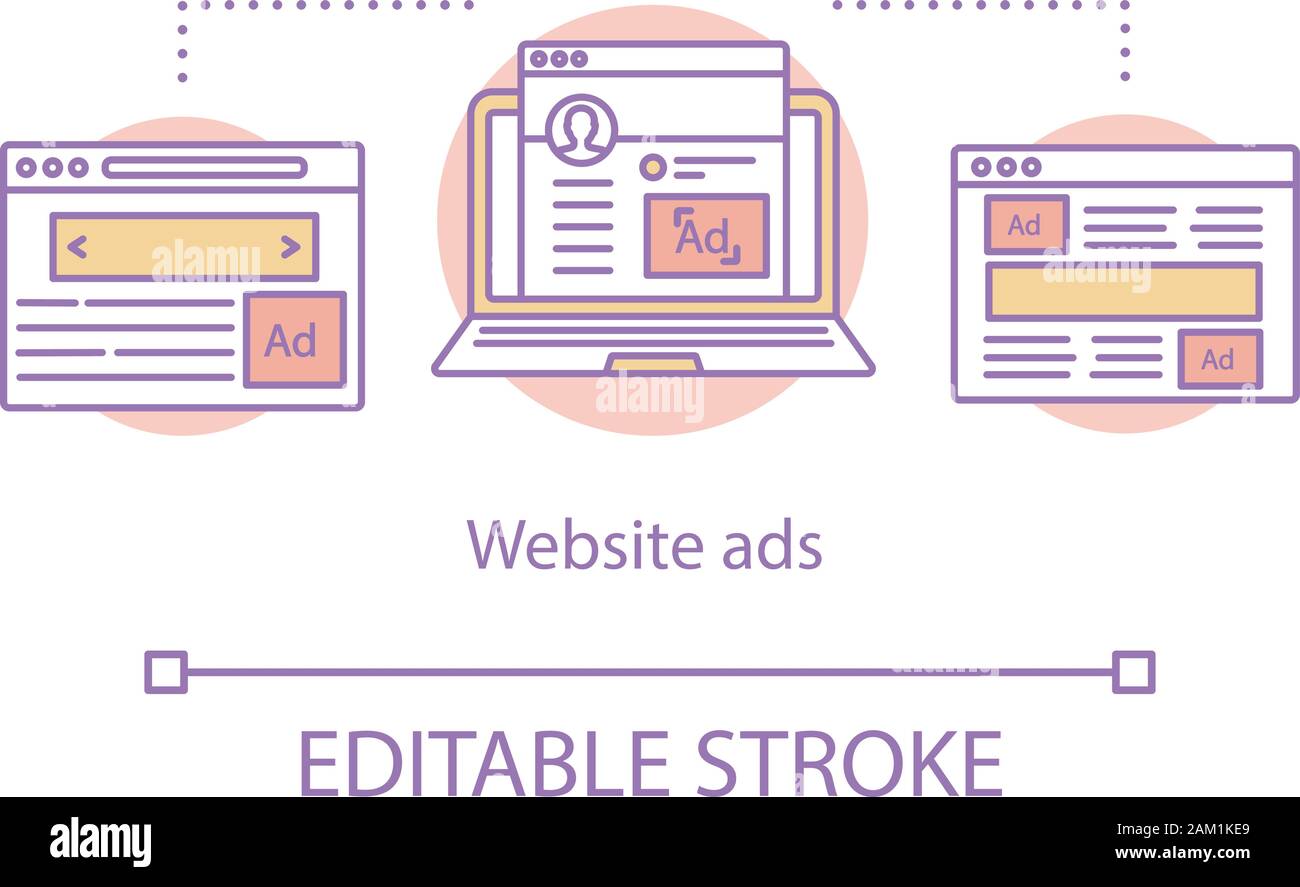 Website display ads concept icon. Laptop with social media advertising ...