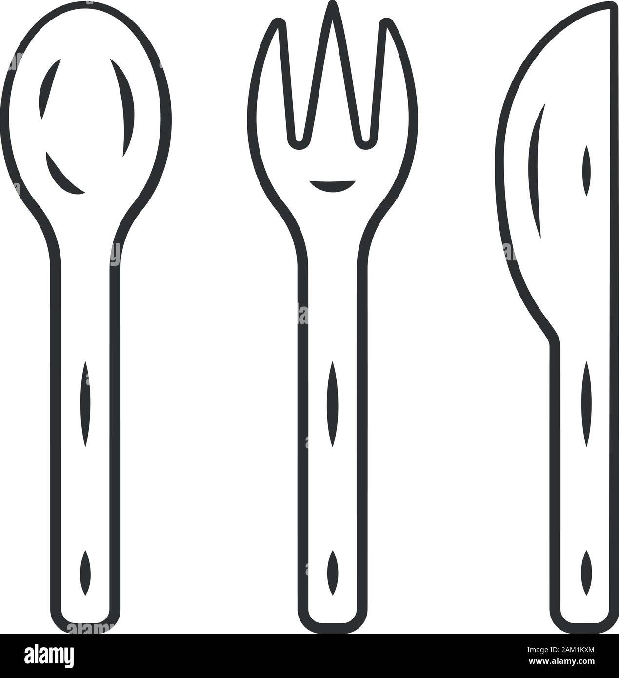 Reusable bamboo cutlery set linear icon. Zero waste recyclable kitchen ...