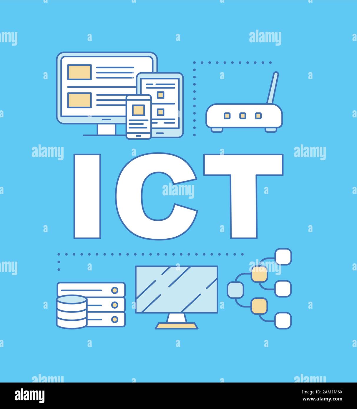 ICT blue word concepts banner. Presentation, website. Information and ...