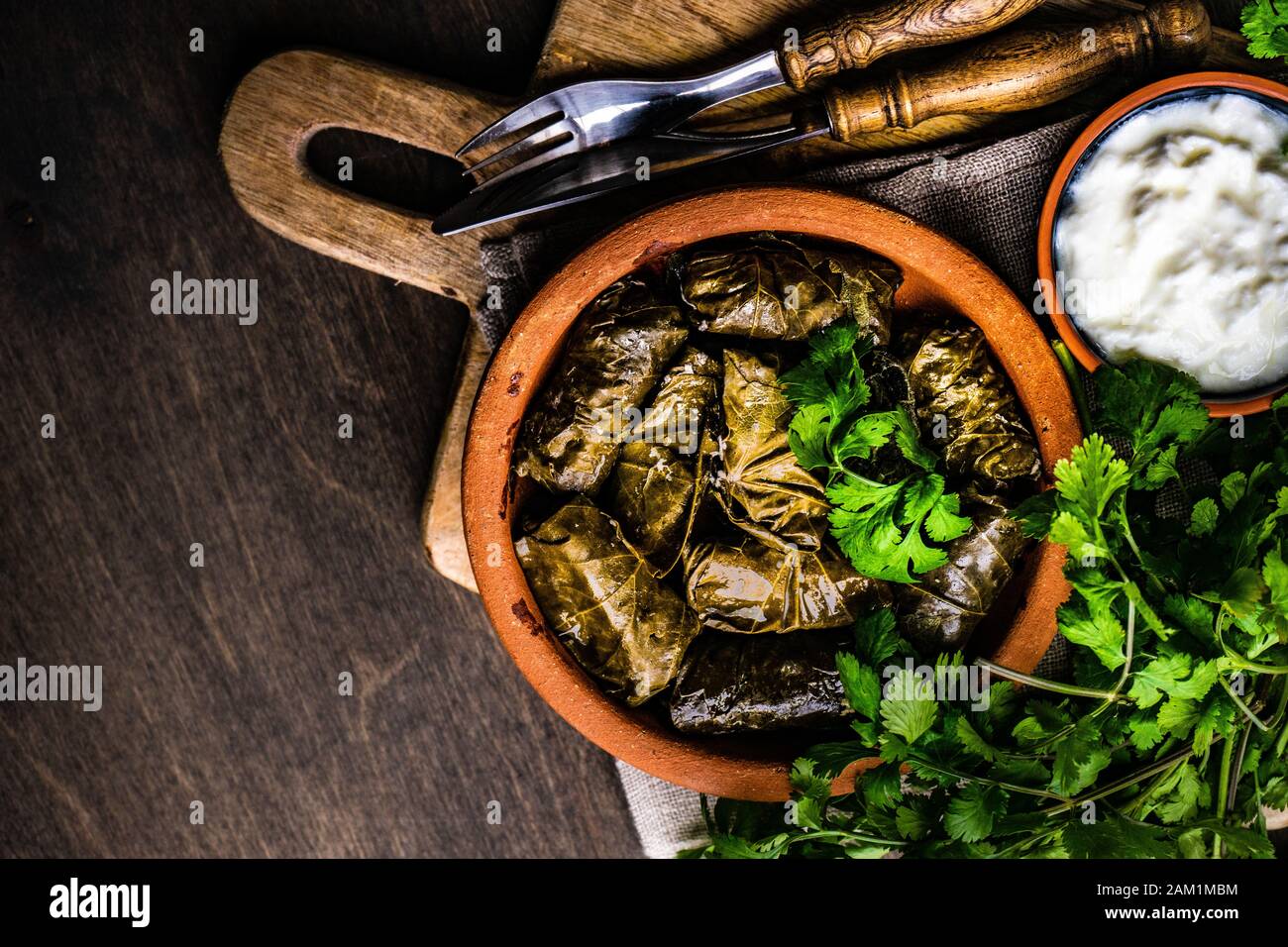 Traditional georgian tolma in vine leaves on rustic background with ...