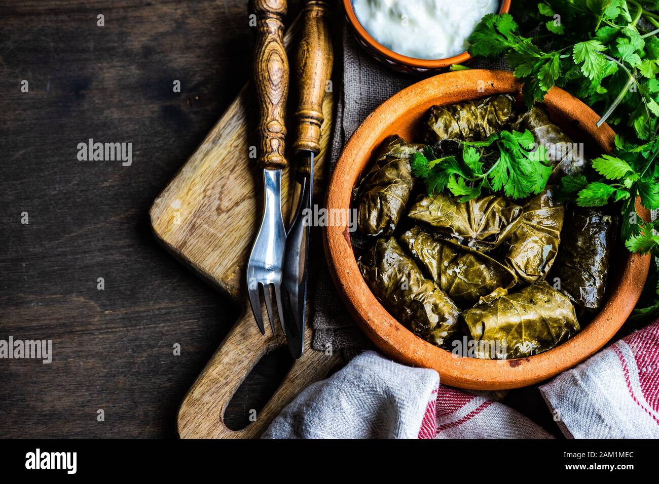 Traditional georgian tolma in vine leaves on rustic background with ...