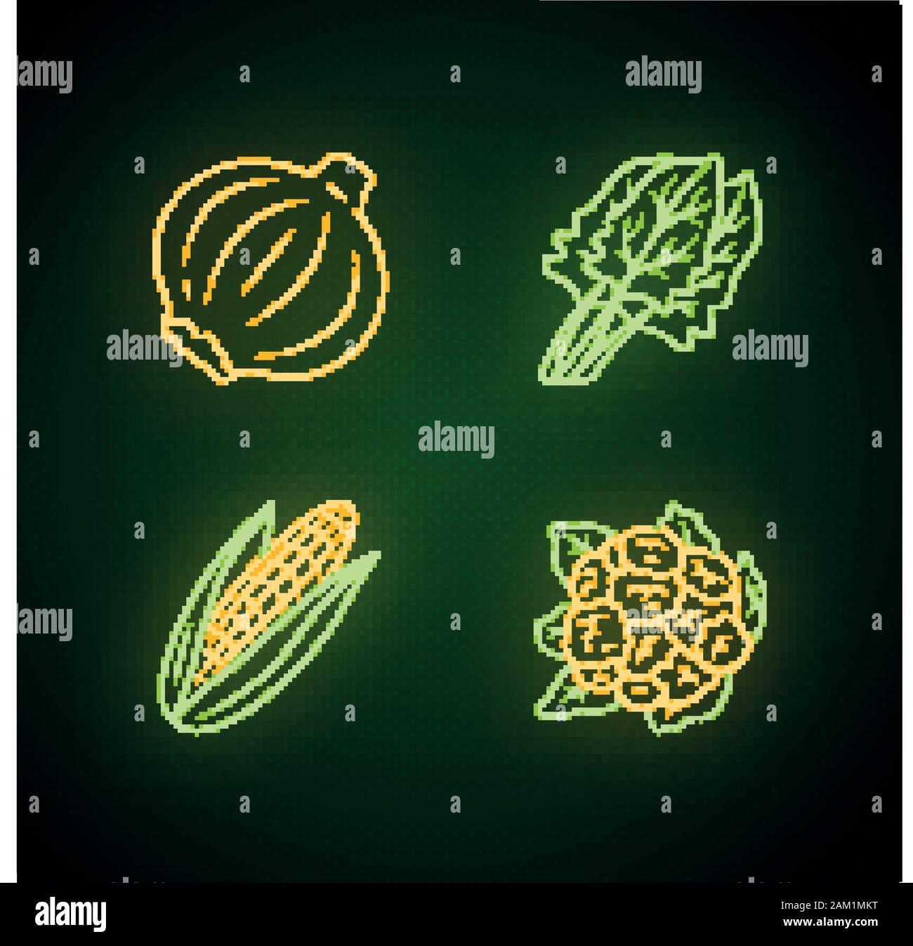 Vegetables neon light icons set. Cauliflower, onion, corn, spinach ...