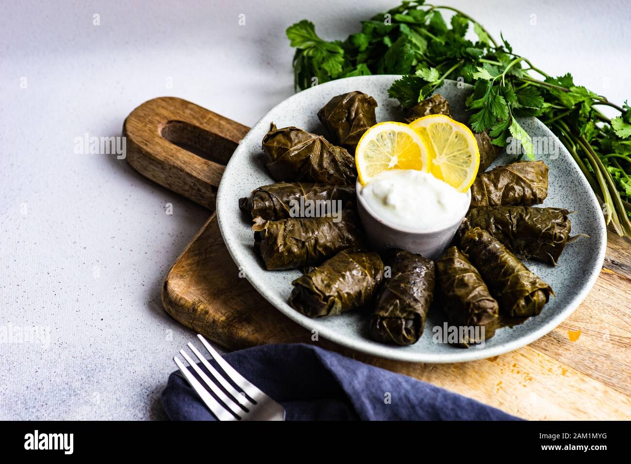 Traditional georgian tolma in vine leaves on rustic background with ...