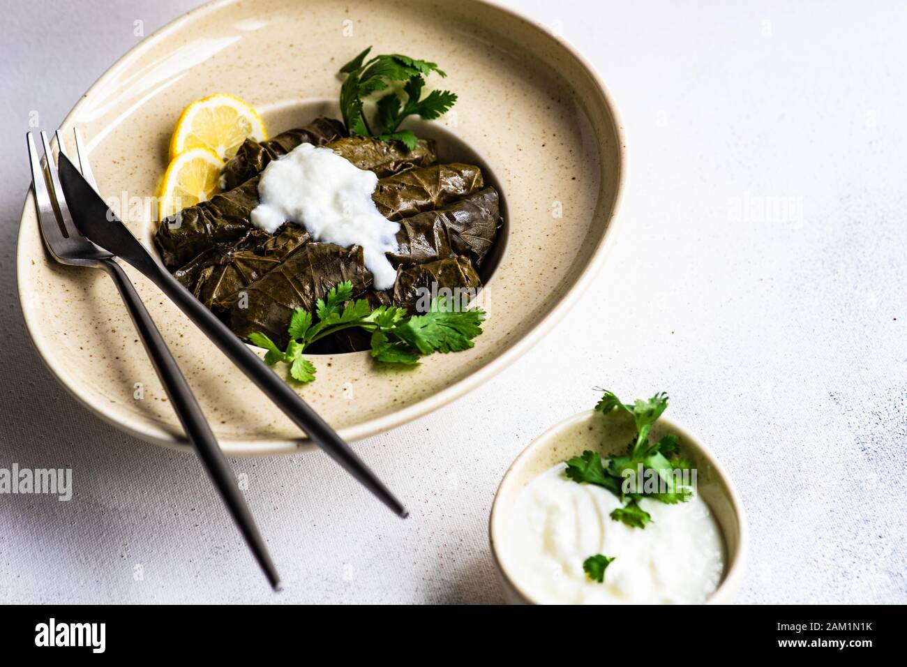 Traditional georgian tolma in vine leaves on rustic background with ...