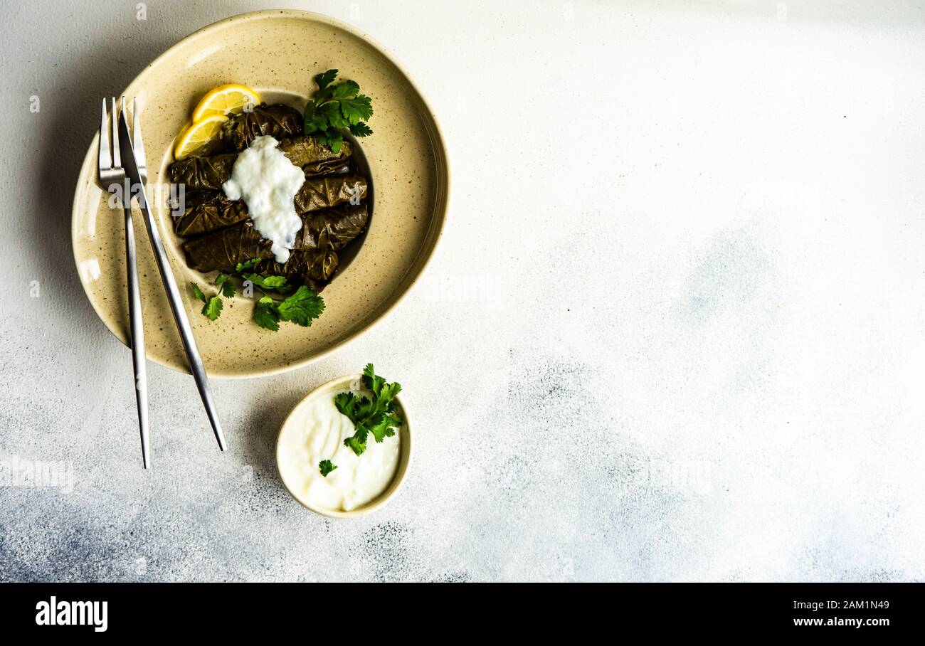 Traditional georgian tolma in vine leaves on rustic background with ...