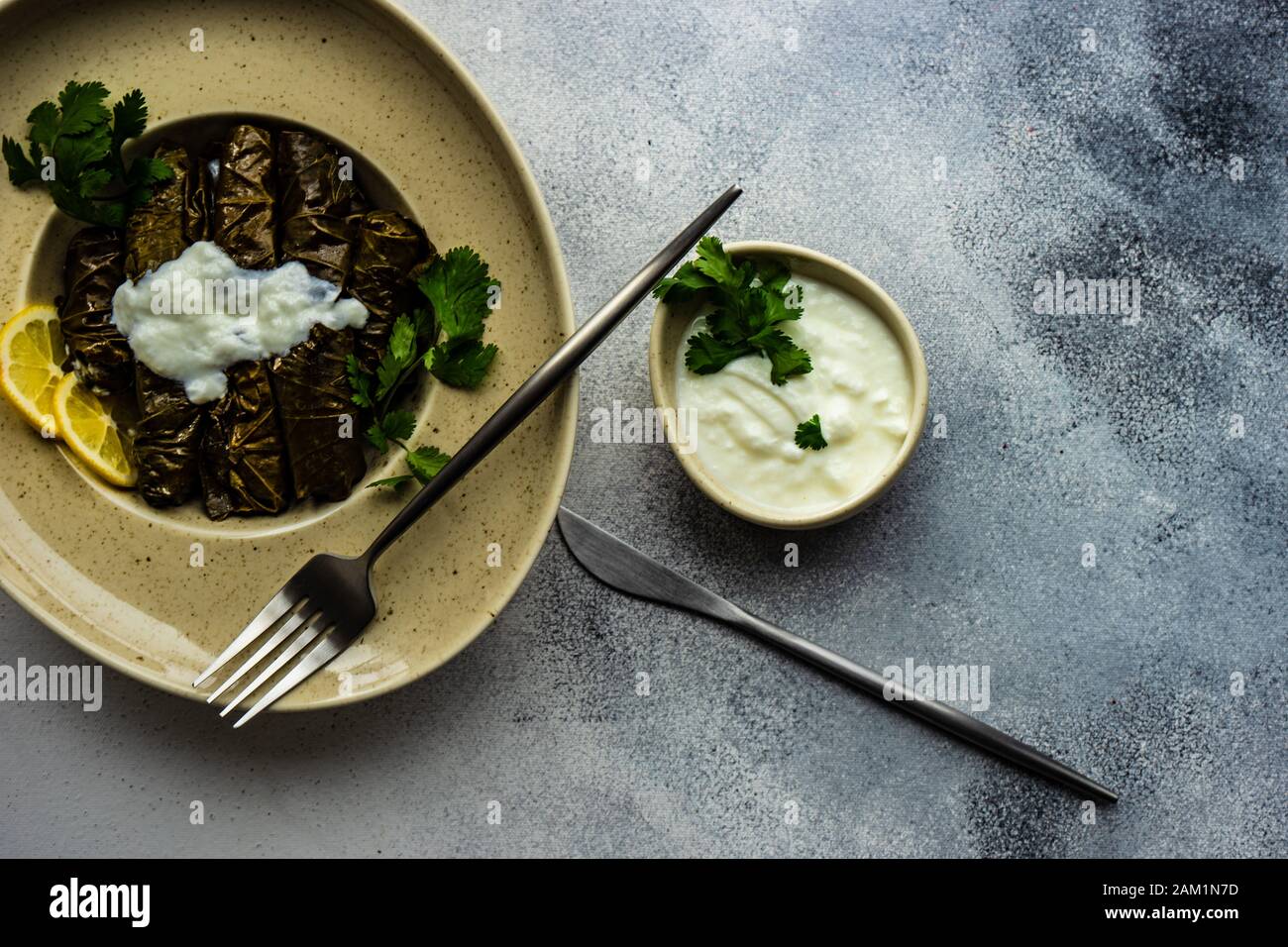 Traditional georgian tolma in vine leaves on rustic background with ...
