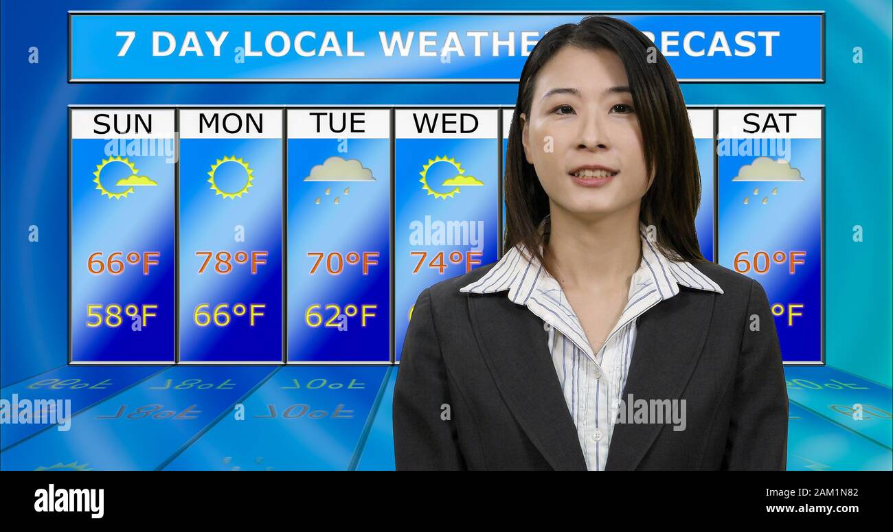 Female Asian American meteorologist reporting weather, original design ...