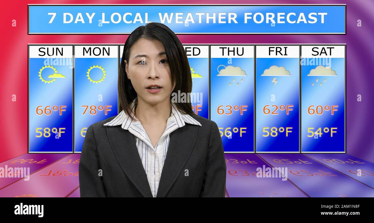 Female Asian American meteorologist reporting weather, original design ...