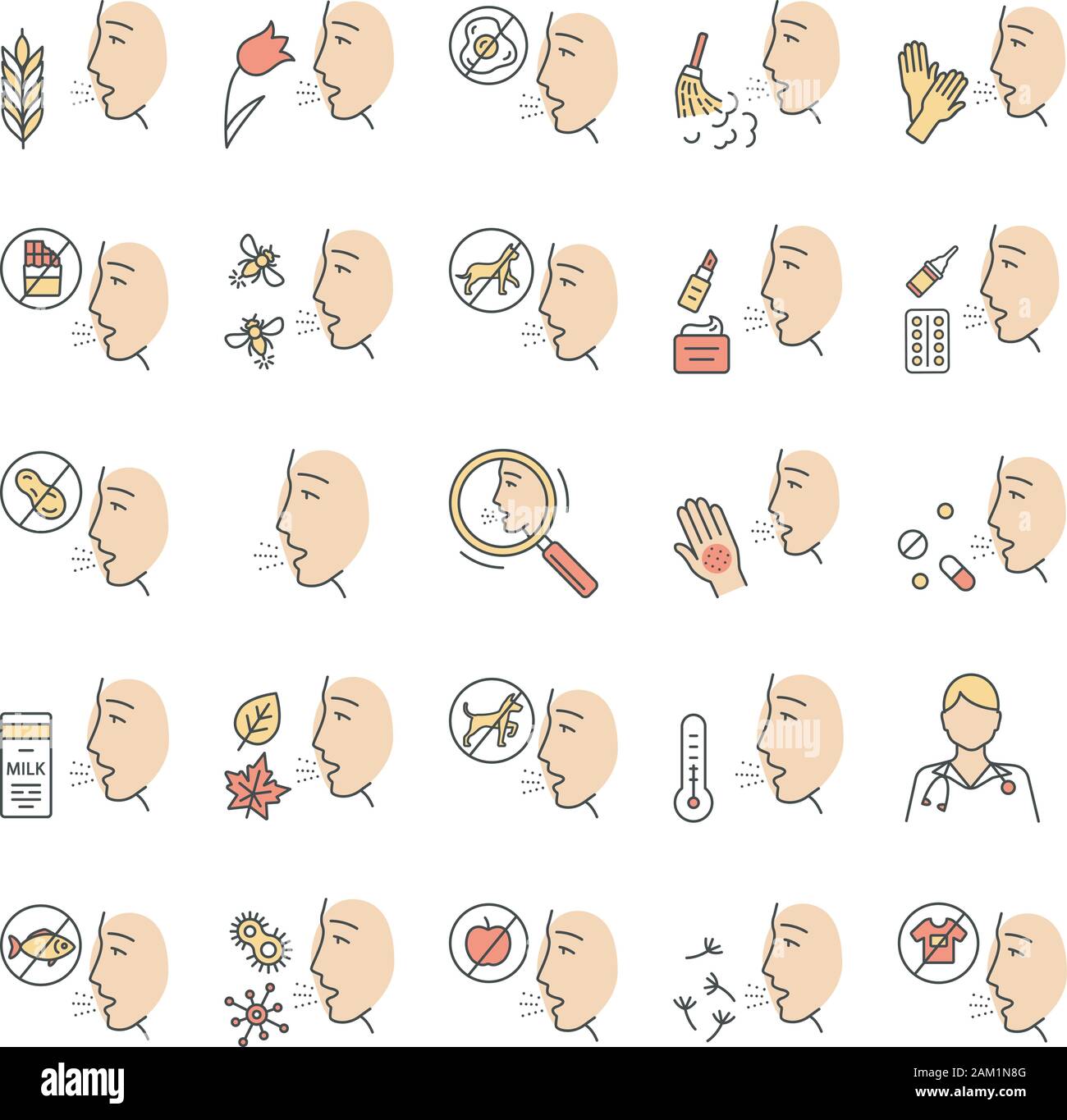Allergies color icons set. Respiratory, skin, food sensitivity ...
