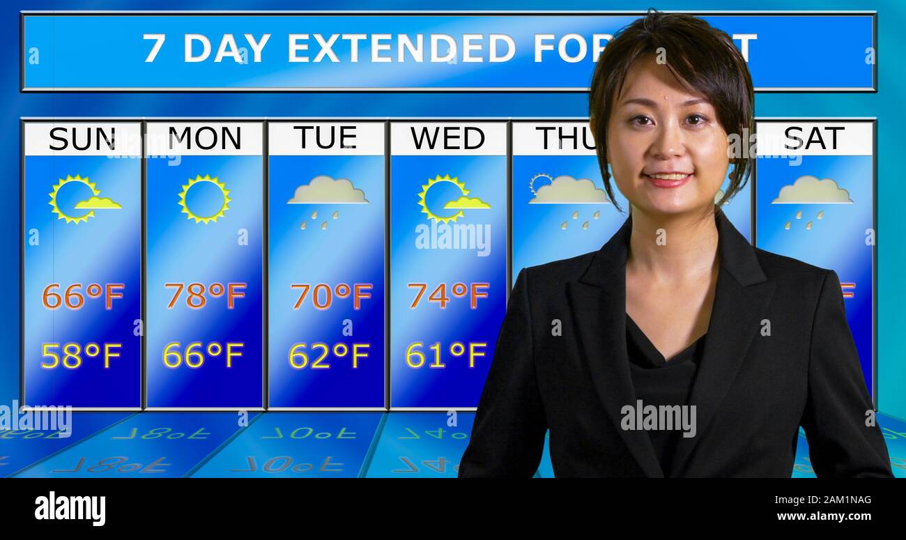 Female Asian American meteorologist reporting weather, original design ...