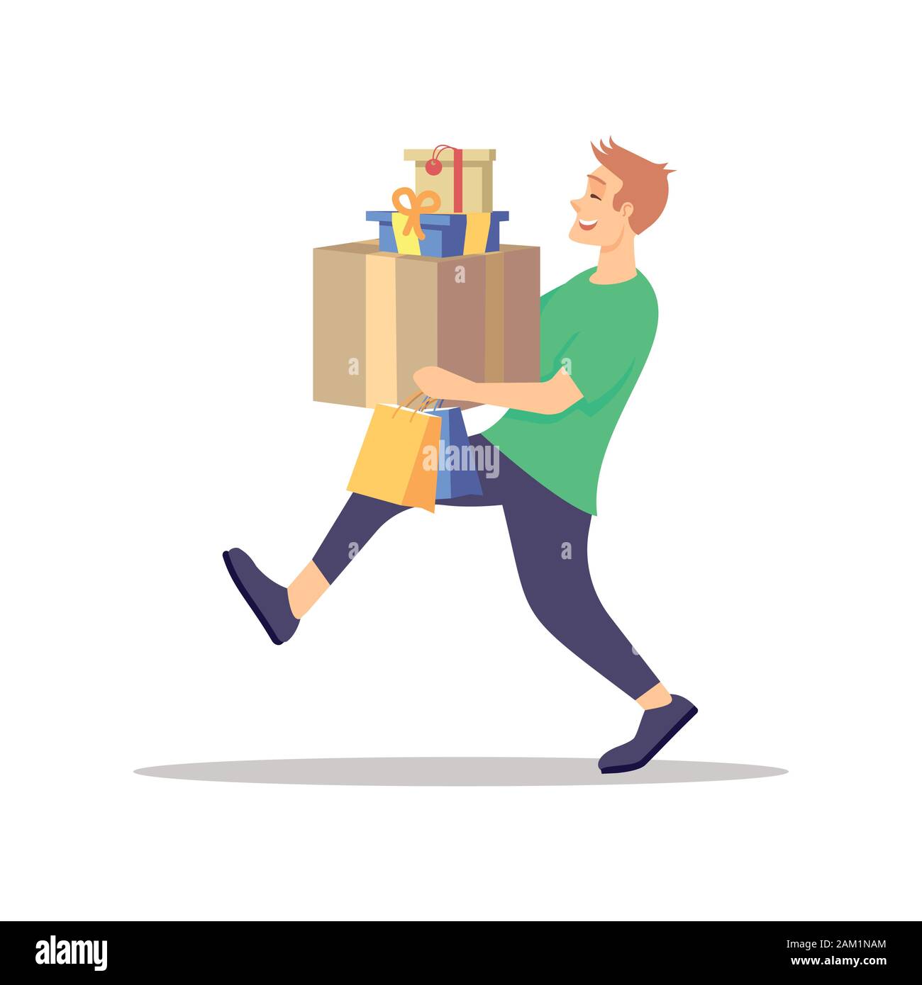 Guy carrying presents flat vector illustration. Male teenager with gift ...